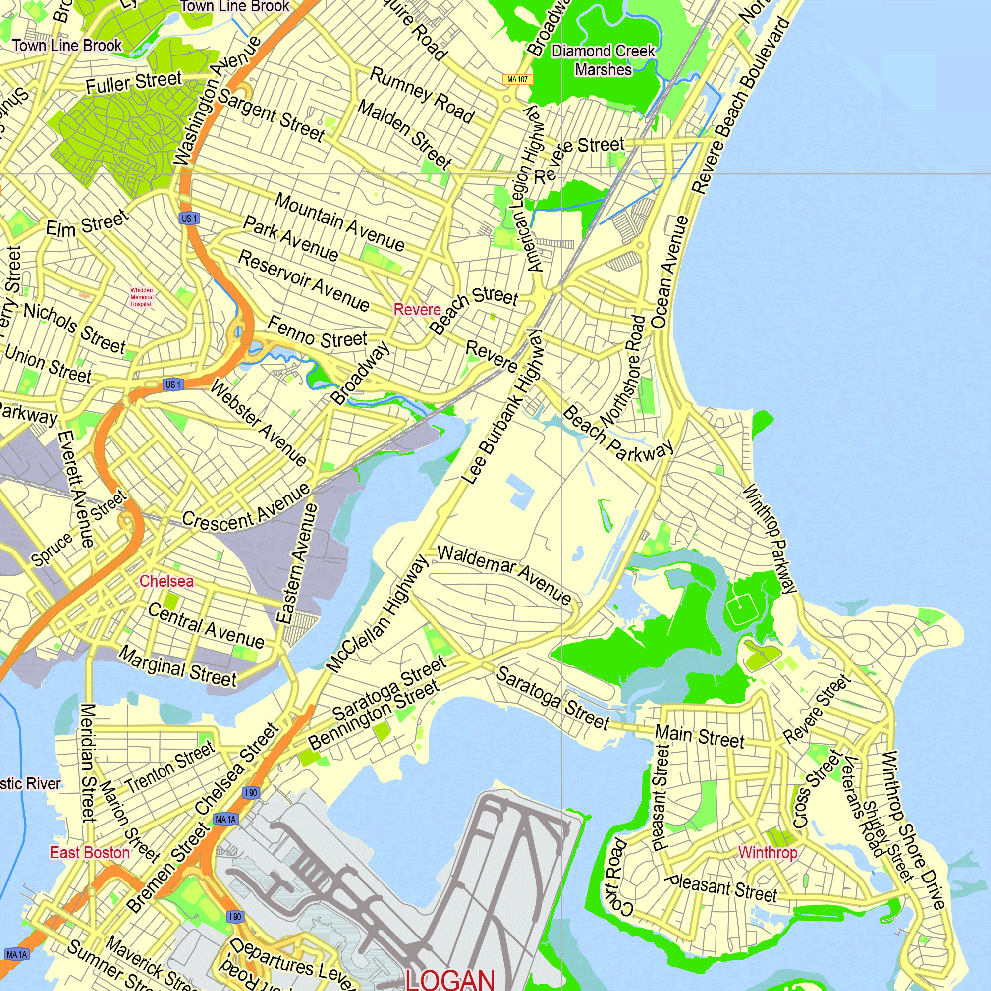 Boston Massachusetts US (crop) printable editable layered Vector Map