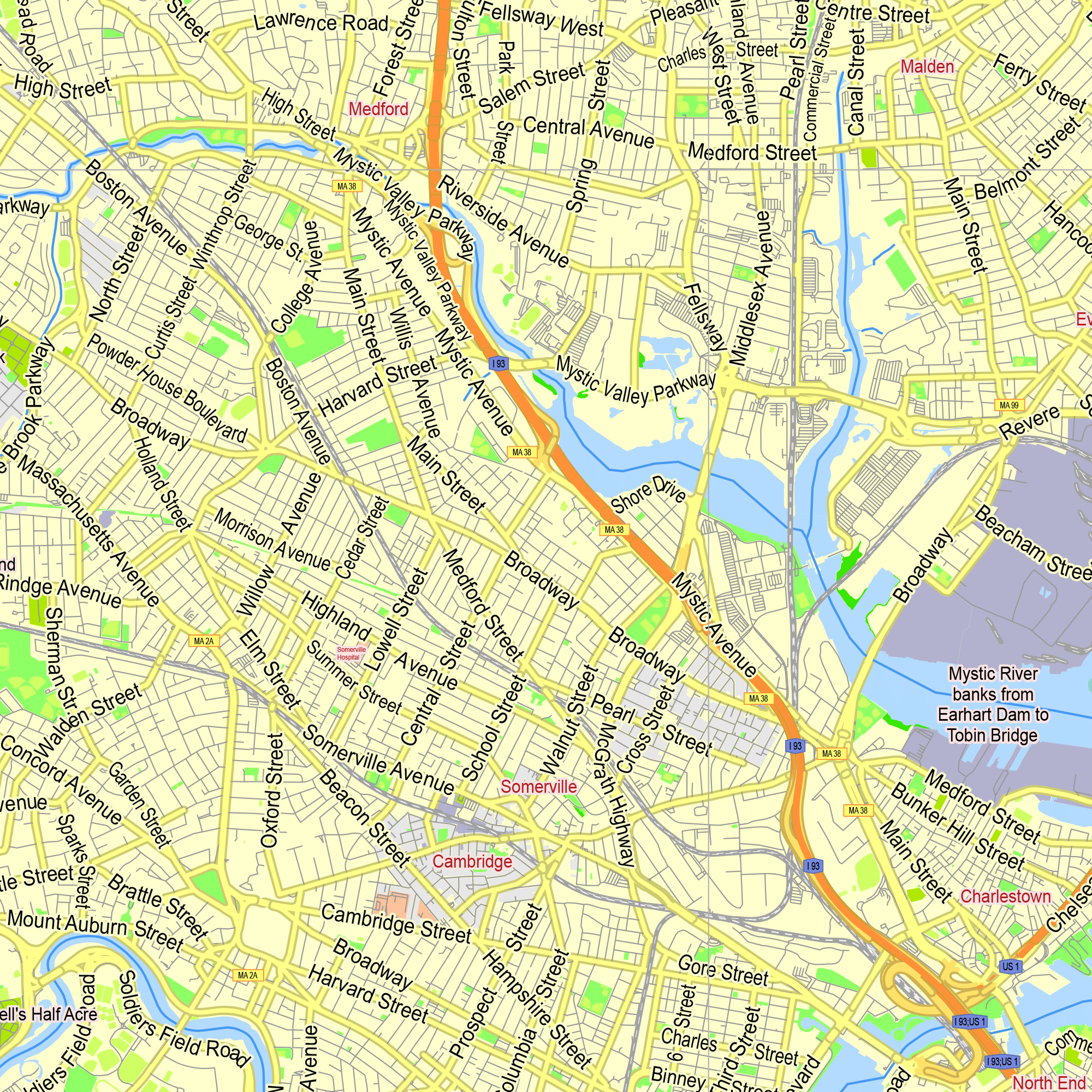 Boston Massachusetts US (crop) printable editable layered Vector Map ...