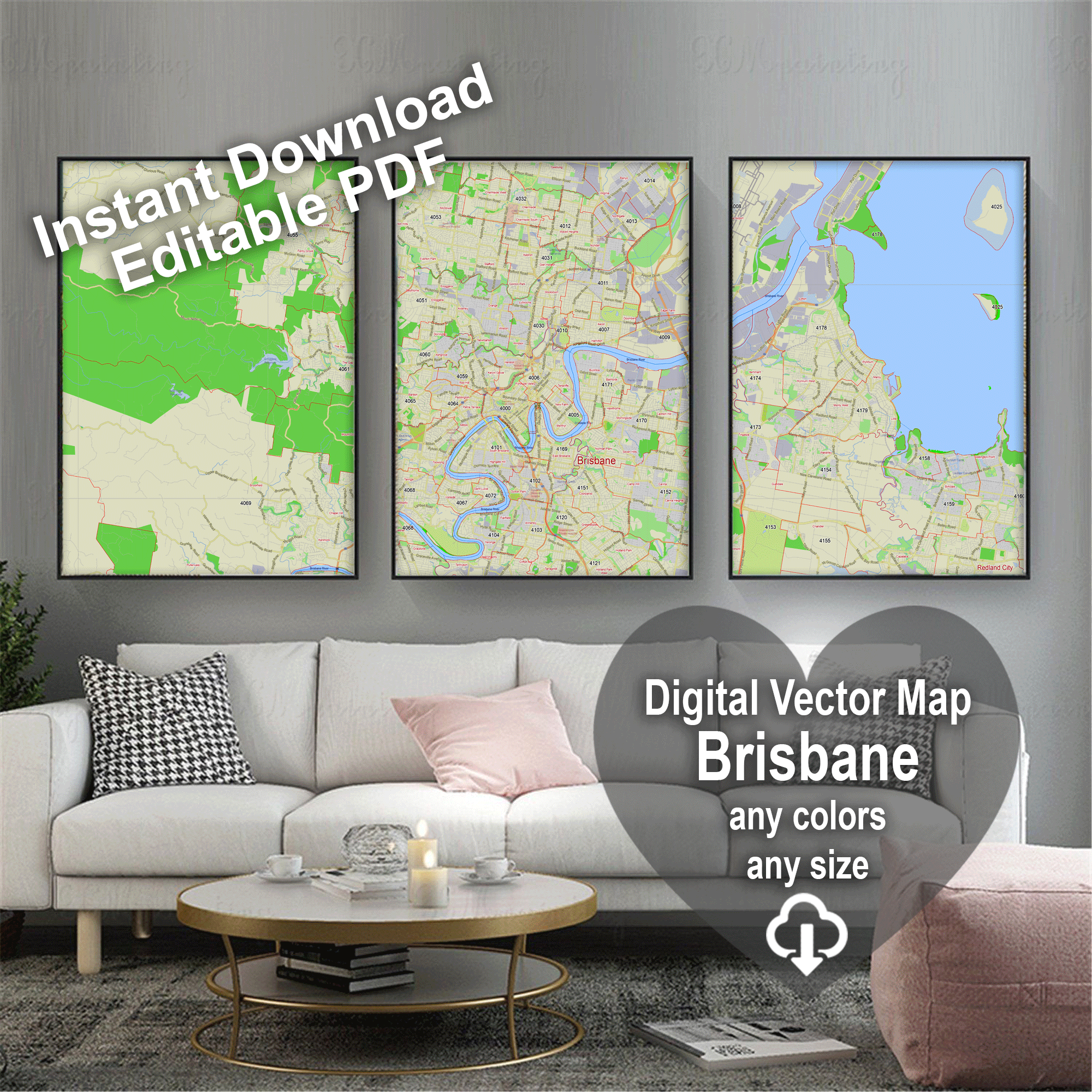 Brisbane Australia + zipcodes printable editable layered PDF Vector Map v.3