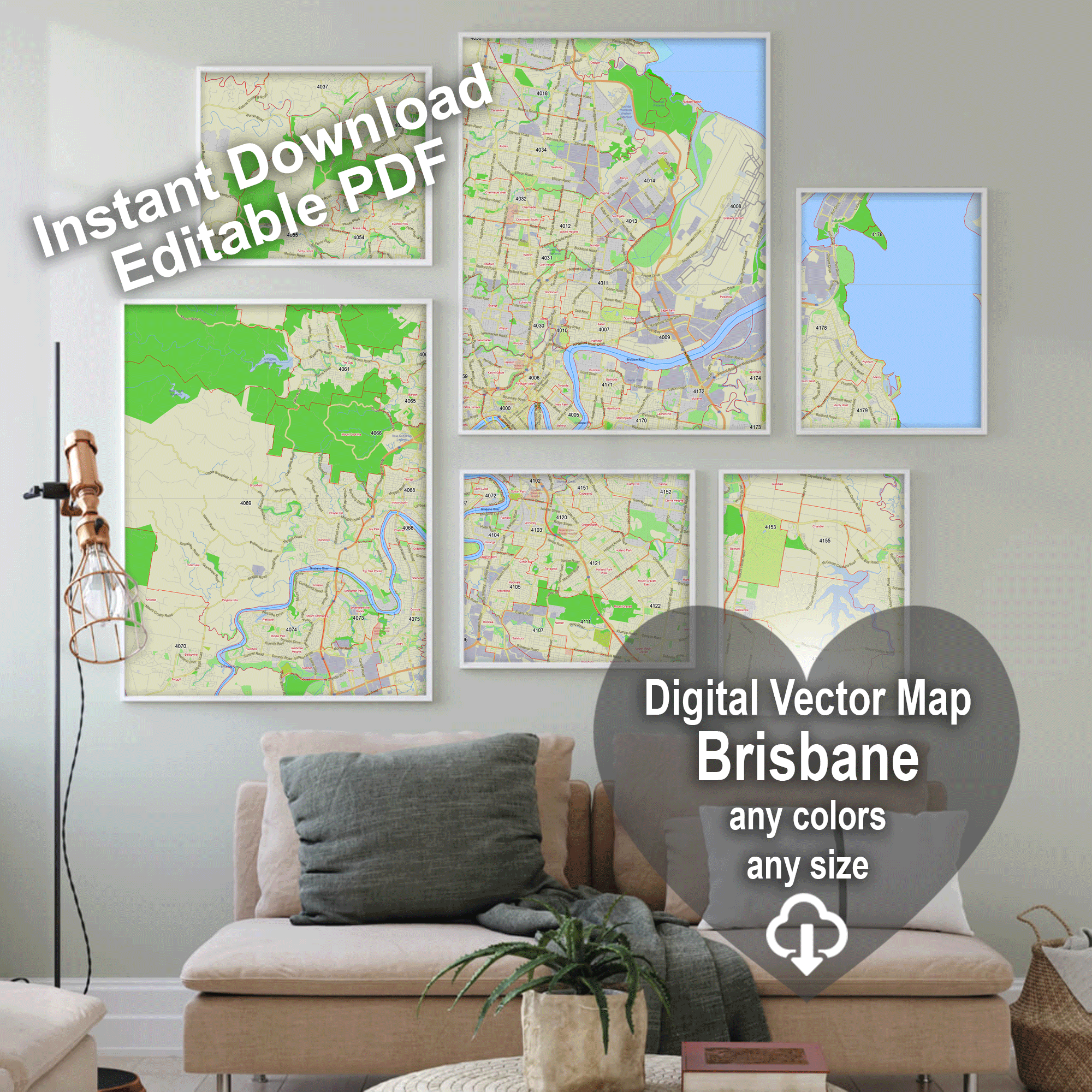 Brisbane Australia + zipcodes printable editable layered PDF Vector Map v.3