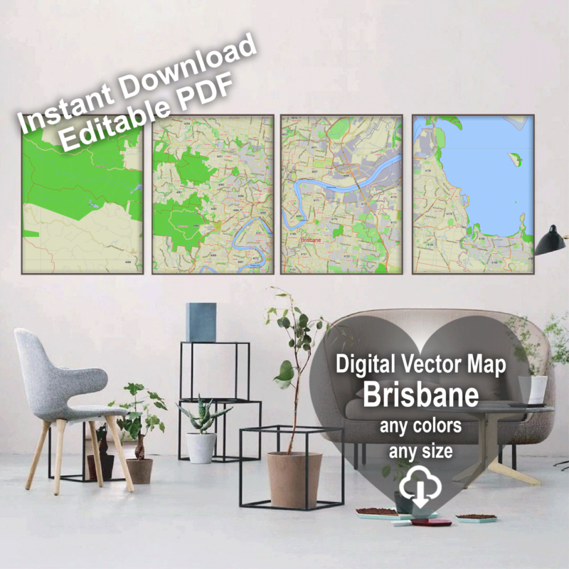 Brisbane Australia + zipcodes printable editable layered PDF Vector Map ...