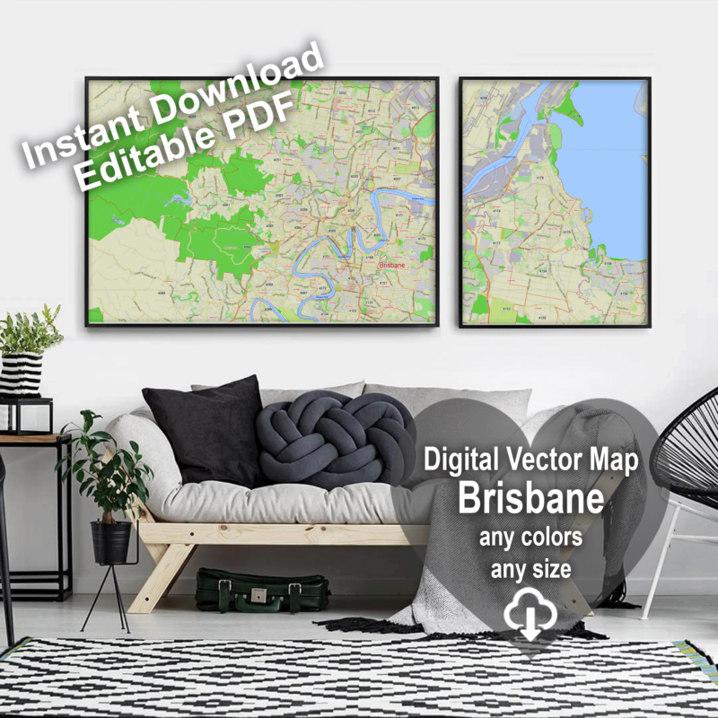 Brisbane Australia + zipcodes printable editable layered PDF Vector Map ...