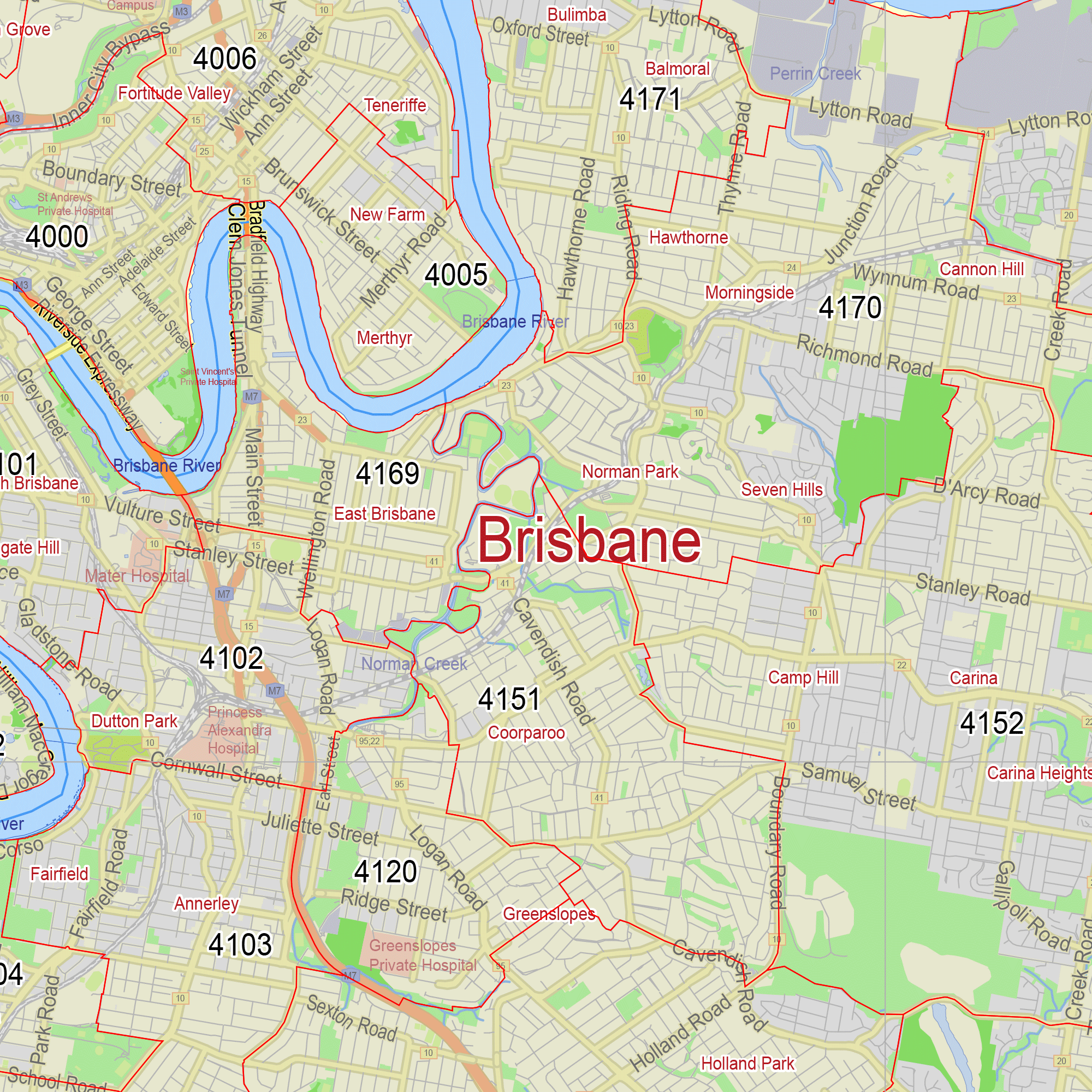 Brisbane Australia + zipcodes printable editable layered PDF Vector Map v.3