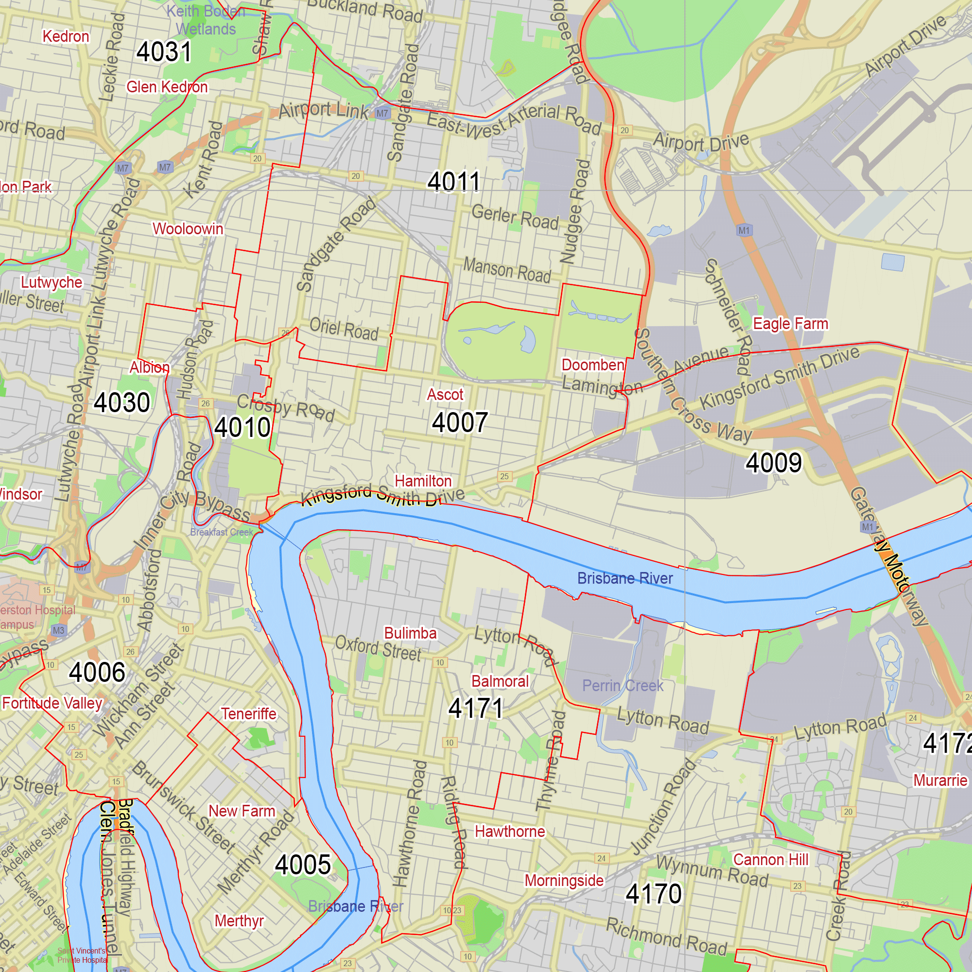 Brisbane Australia + zipcodes printable editable layered PDF Vector Map v.3