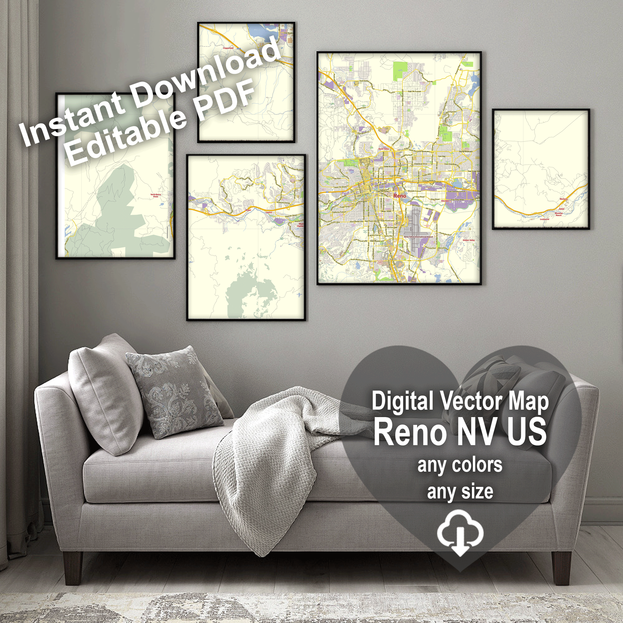 Reno Nevada US editable layered PDF Vector Map