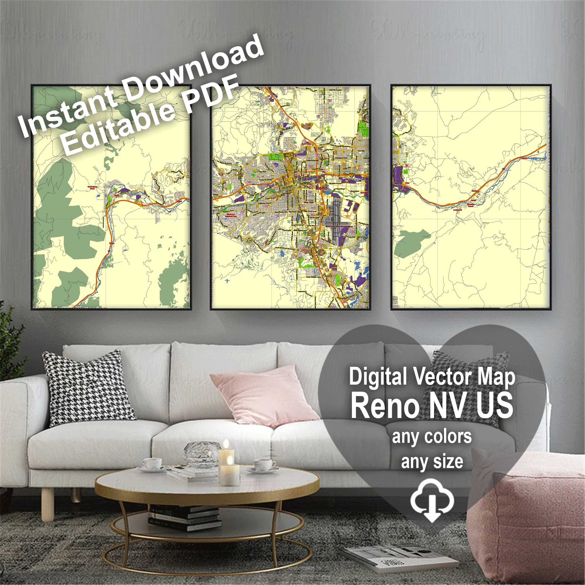 Reno Nevada US editable layered PDF Vector Map