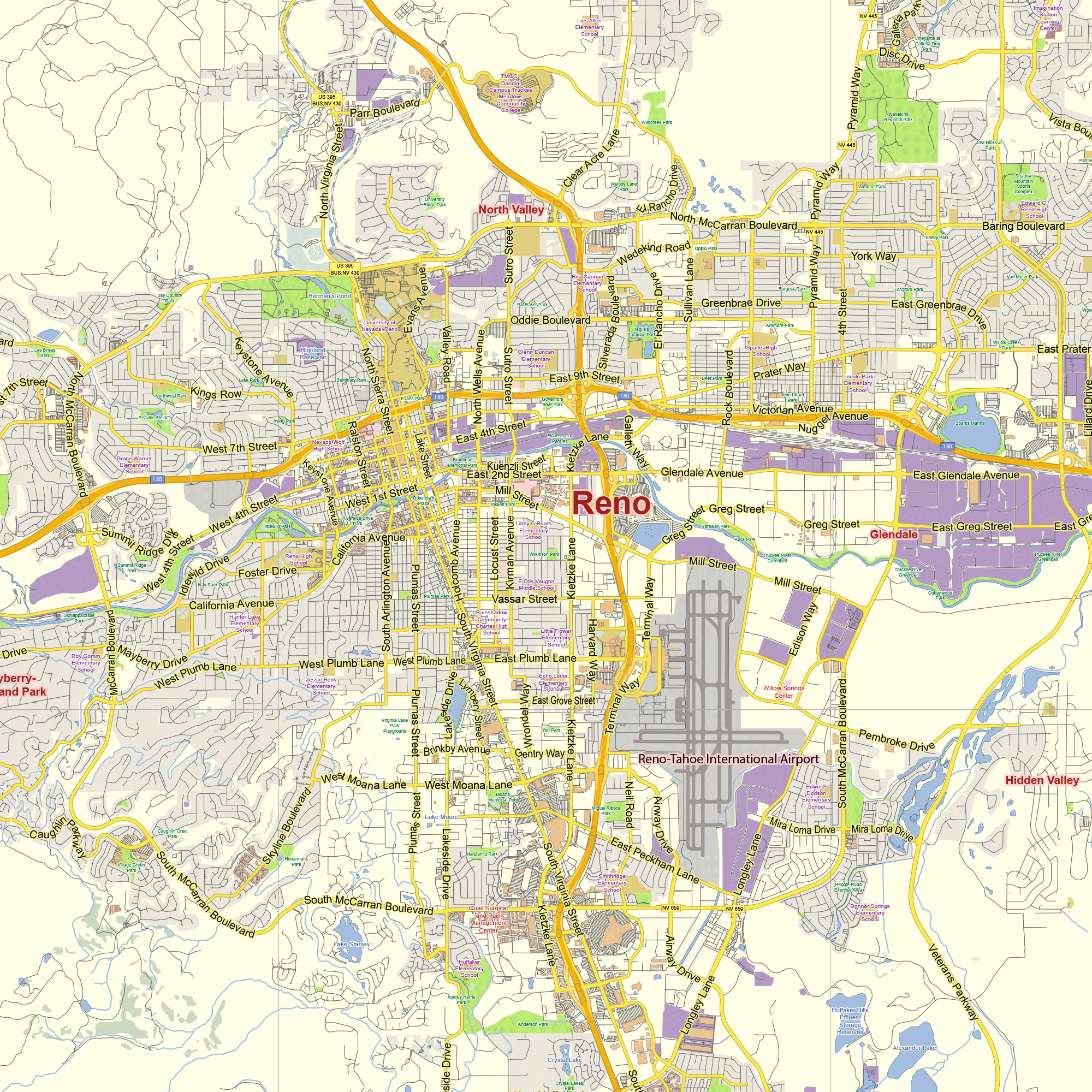 Reno Nevada US editable layered PDF Vector Map – Maps in Vector ...