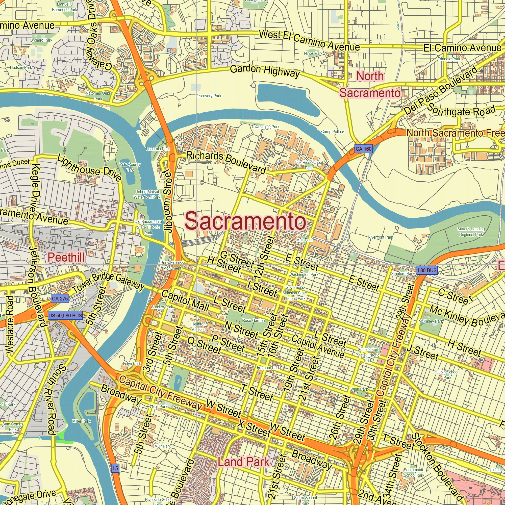 Sacramento California US editable layered PDF Vector Map