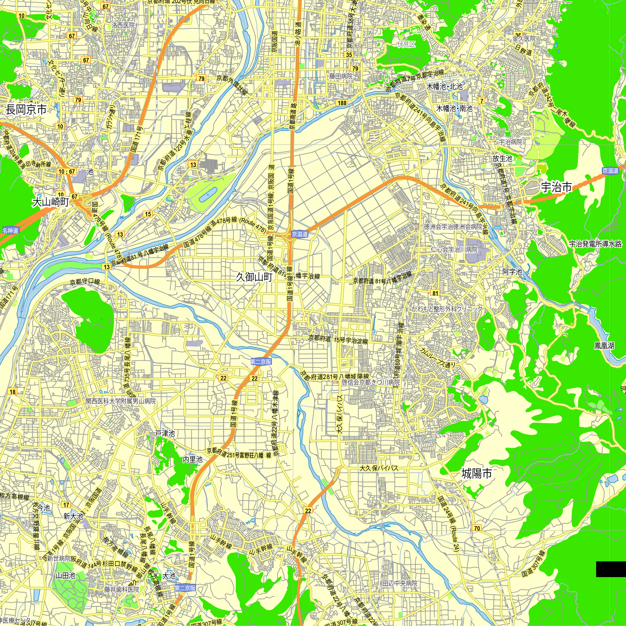 Kyoto Japan editable layered PDF Vector Map – Maps in Vector: Detailed ...