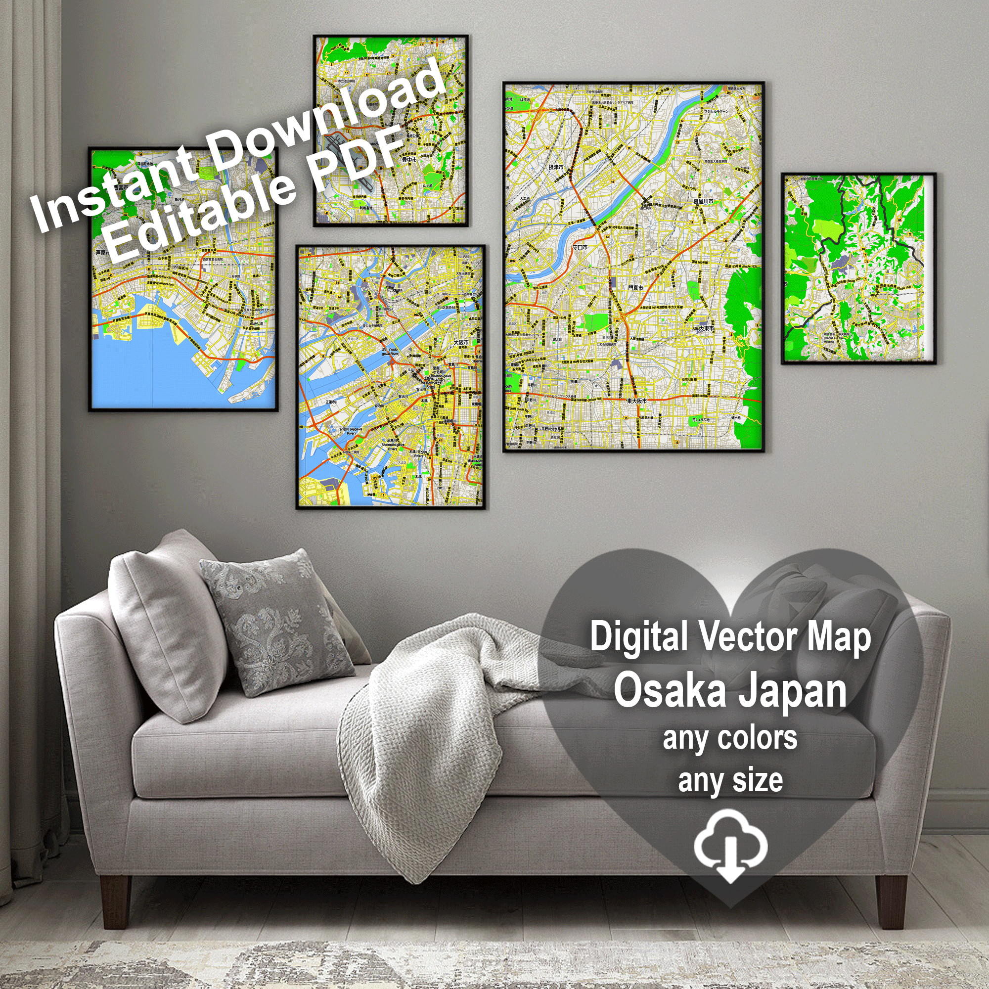 Osaka Japan editable layered PDF Vector Map – Maps in Vector: Detailed ...