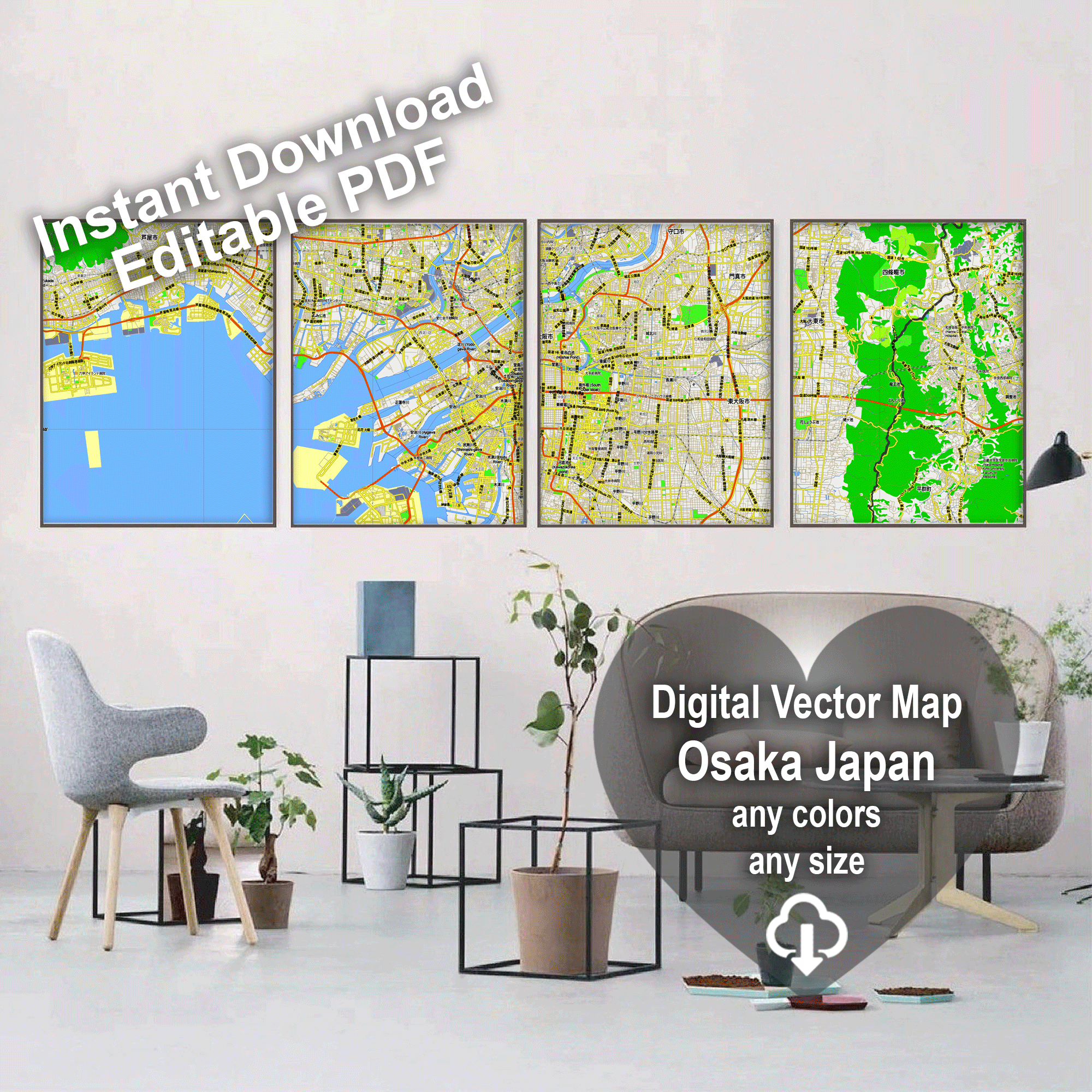 Osaka Japan editable layered PDF Vector Map – Maps in Vector: Detailed ...