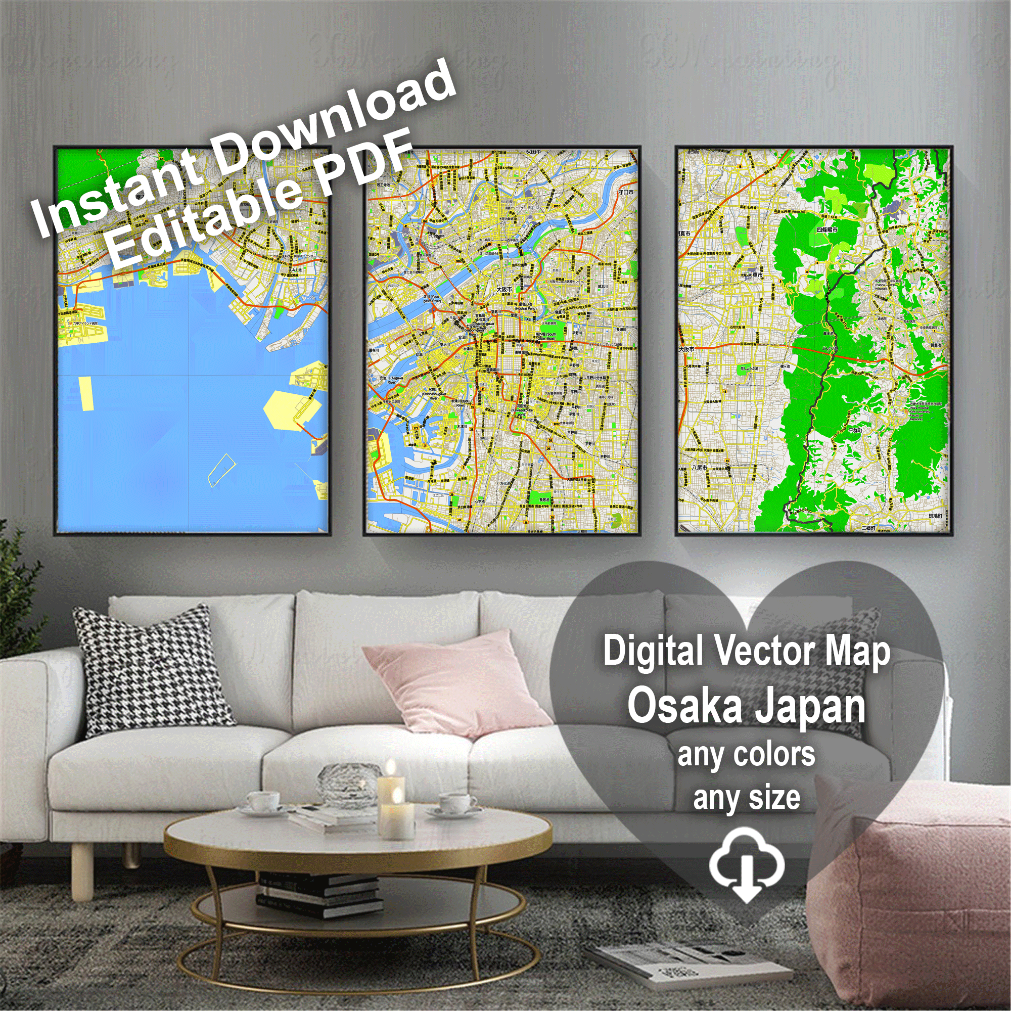 Osaka Japan editable layered PDF Vector Map