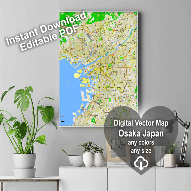 Osaka Japan editable layered PDF Vector Map – Maps in Vector: Detailed ...