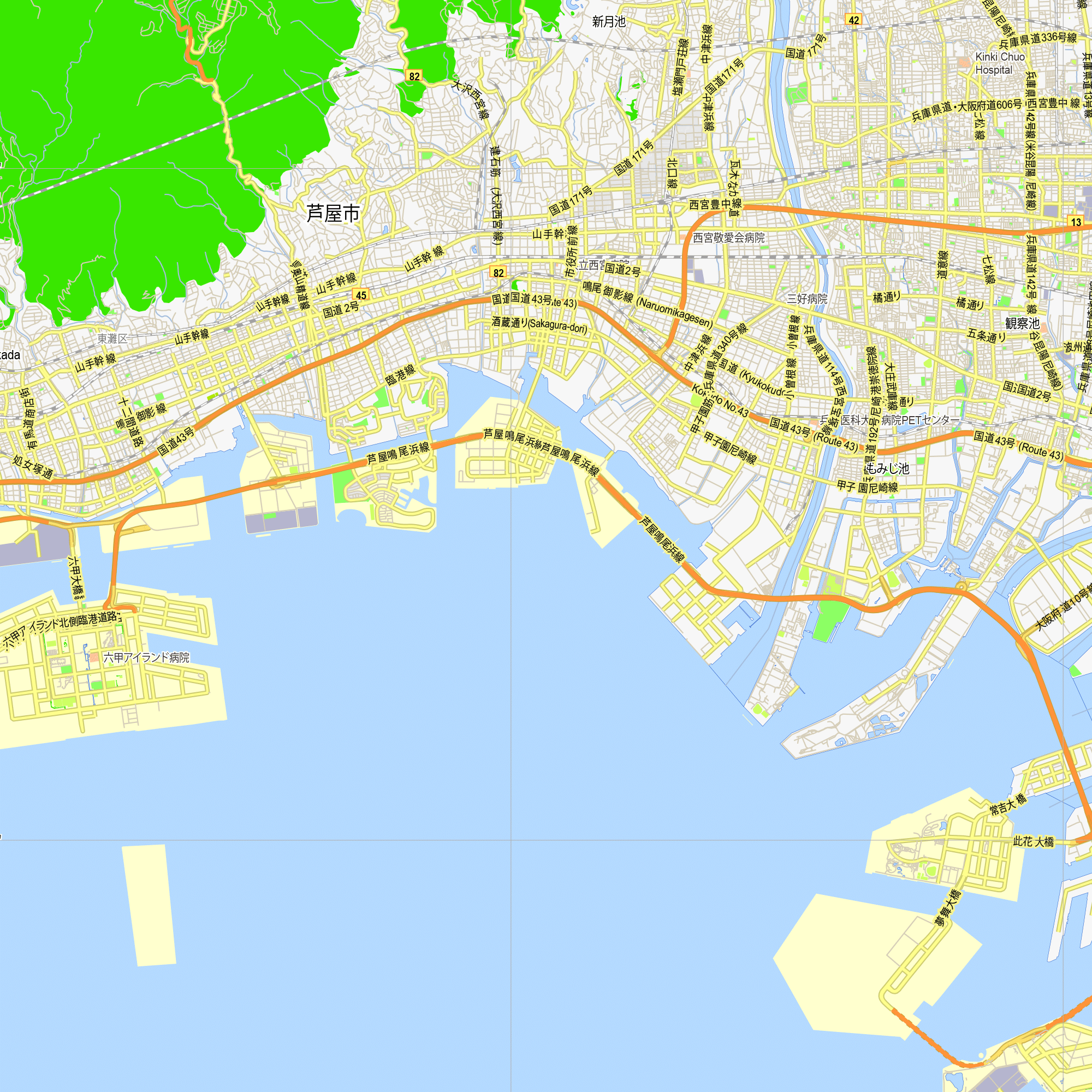 Osaka Japan editable layered PDF Vector Map – Maps in Vector: Detailed ...
