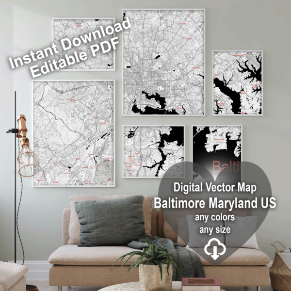 Baltimore Maryland US PDF Vector Map: City Plan Low Detailed (simple ...