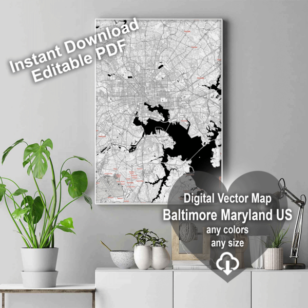 Baltimore Maryland US PDF Vector Map: City Plan Low Detailed (simple ...