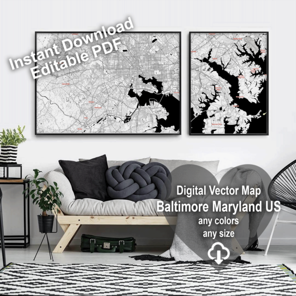 Baltimore Maryland US Map Vector City Plan Low Detailed (simple black ...