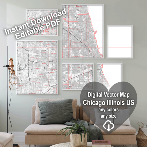 Chicago Illinois US PDF Vector Map: City Plan Low Detailed (simple ...