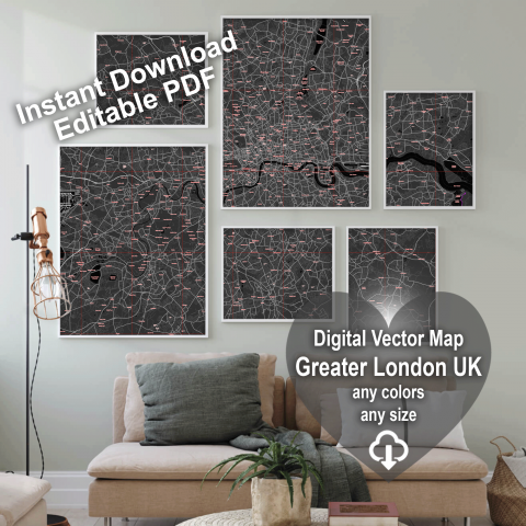 London UK Greater PDF Vector Map: City Plan Low Detailed (simple black ...