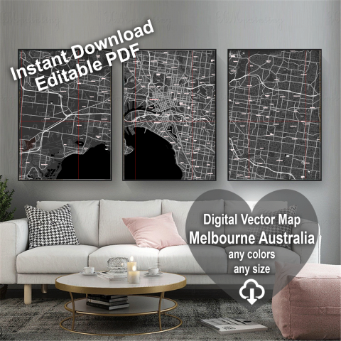 Melbourne Australia PDF Vector Map: City Plan Low Detailed (simple ...