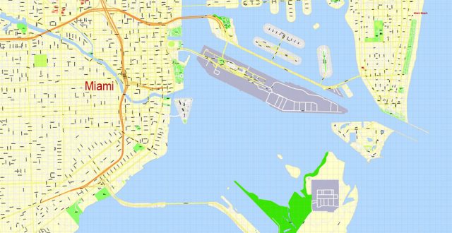 Miami Florida US Map Vector Exact High Detailed City Plan editable ...