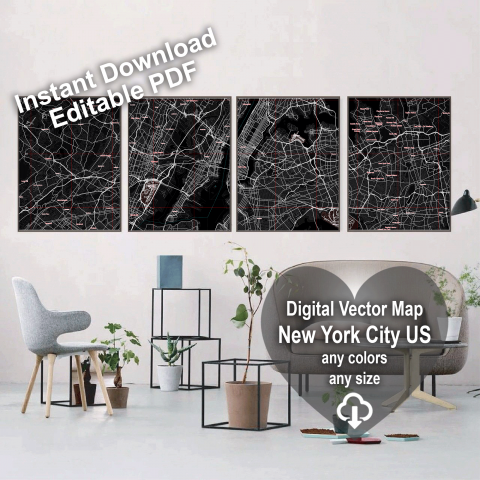 New York City US PDF Vector Map City Plan Low Detailed (simple black ...