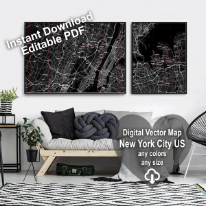 New York City US PDF Vector Map City Plan Low Detailed (simple black ...