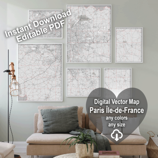 Paris Ile de France PDF Vector Map: City Plan Low Detailed (simple ...
