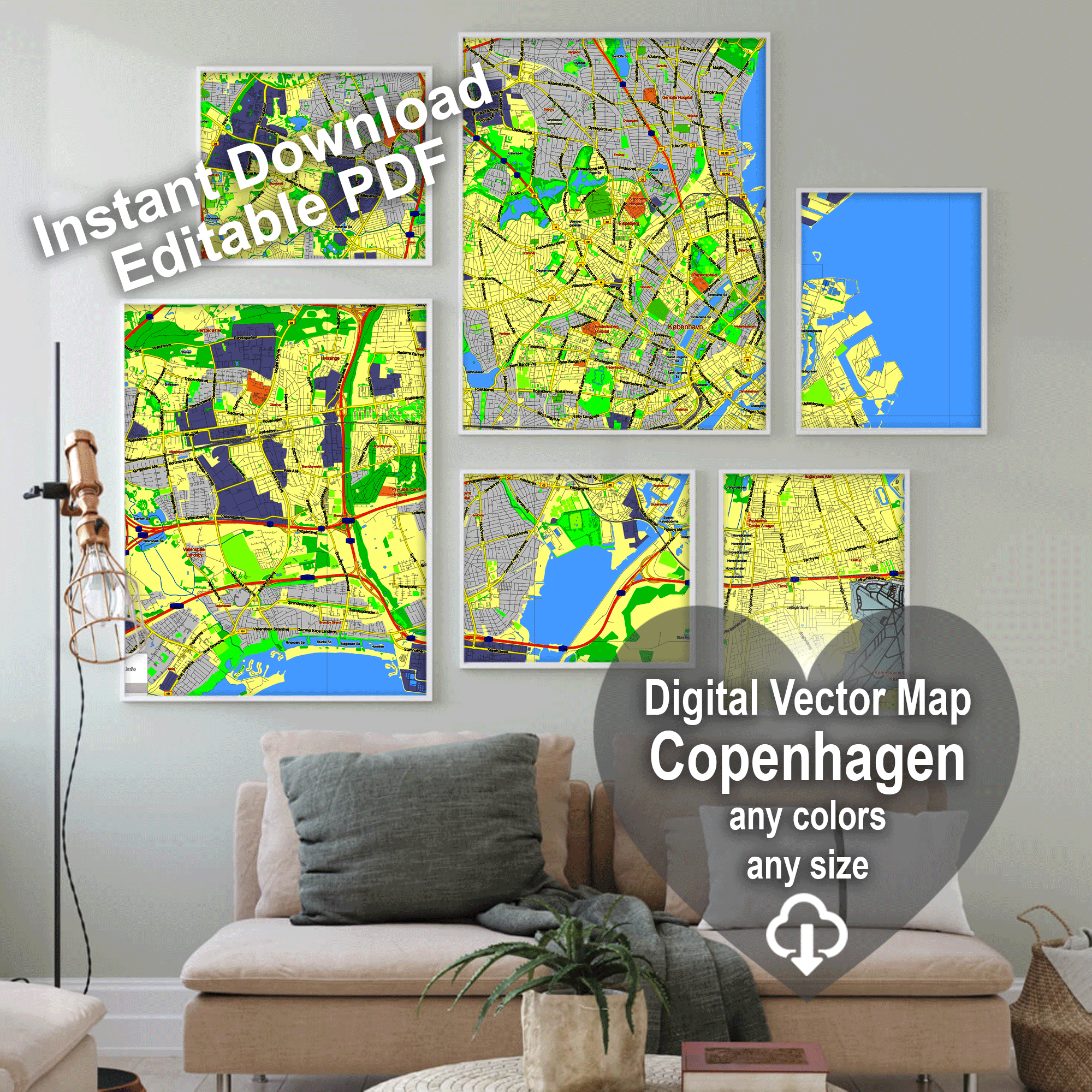 Copenhagen Denmark editable layered PDF Vector Map – Maps in Vector ...