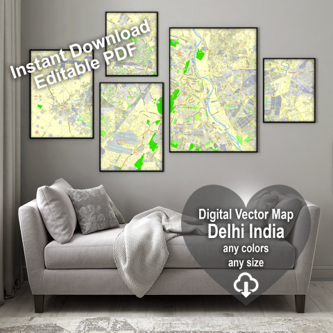 Delhi India editable layered PDF Vector Map – Maps in Vector: Detailed ...