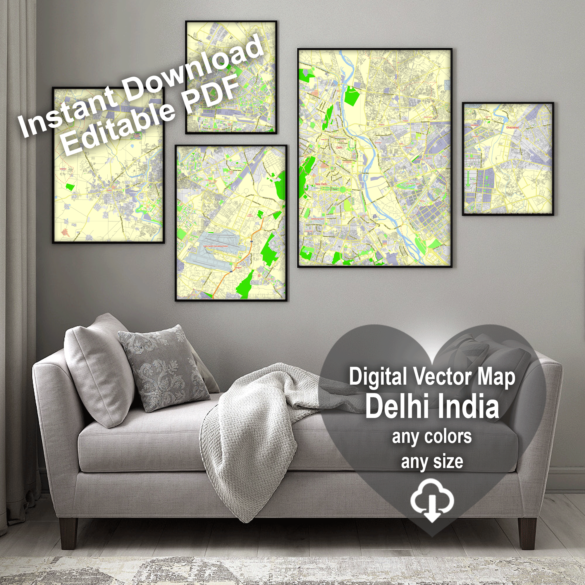 Delhi India editable layered PDF Vector Map – Maps in Vector: Detailed ...