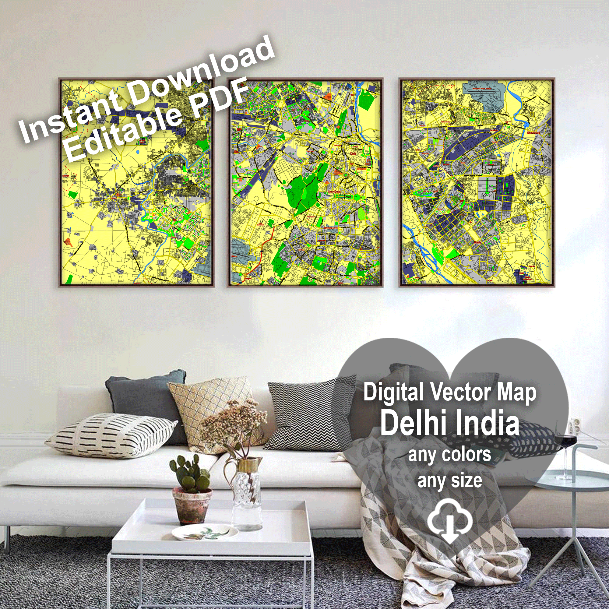 Delhi India editable layered PDF Vector Map – Maps in Vector: Detailed ...