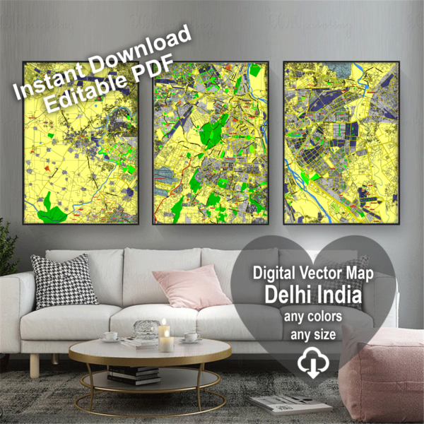 Delhi India editable layered PDF Vector Map – Maps in Vector: Detailed ...