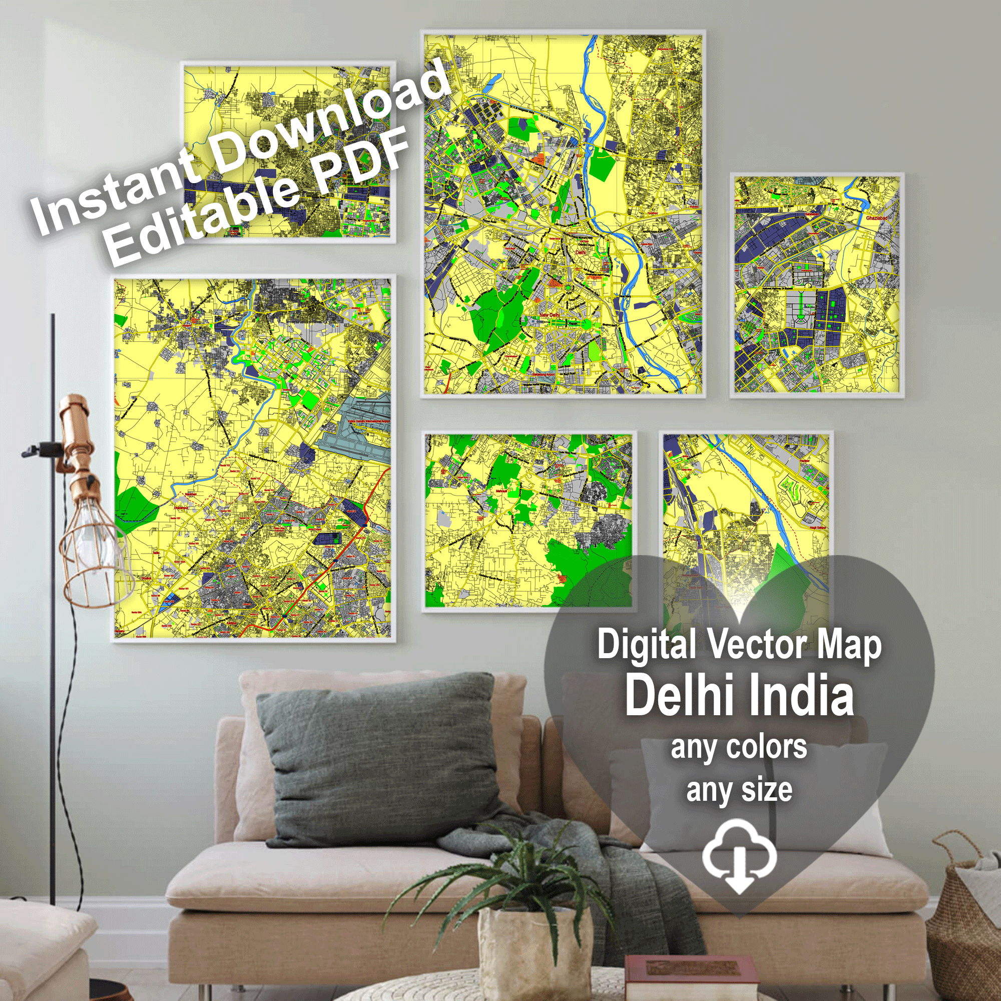 Delhi India editable layered PDF Vector Map