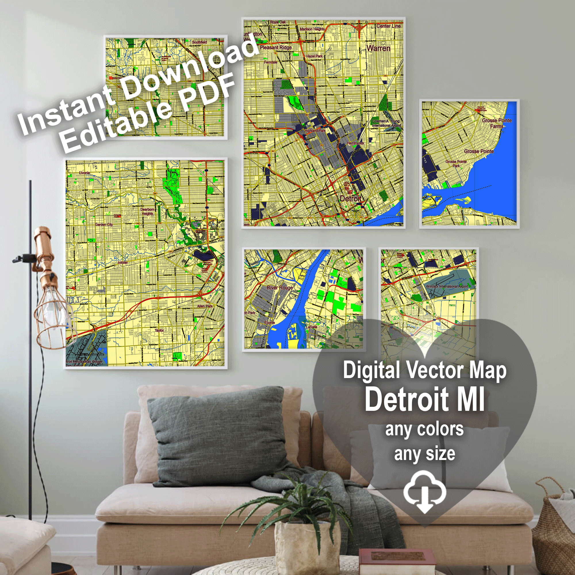 Detroit Michigan US editable layered PDF Vector Map – Maps in Vector ...