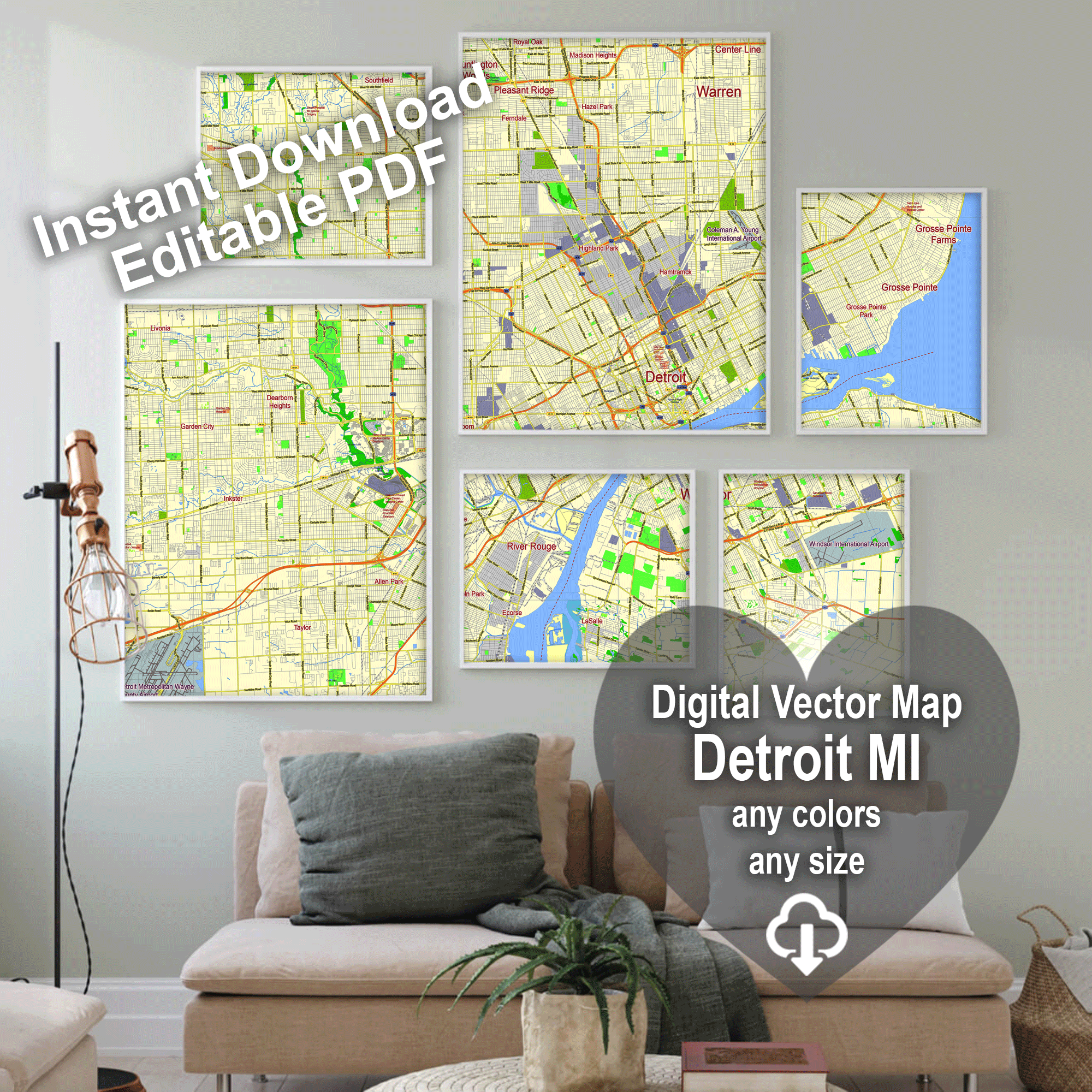 Detroit Michigan US editable layered PDF Vector Map – Maps in Vector ...