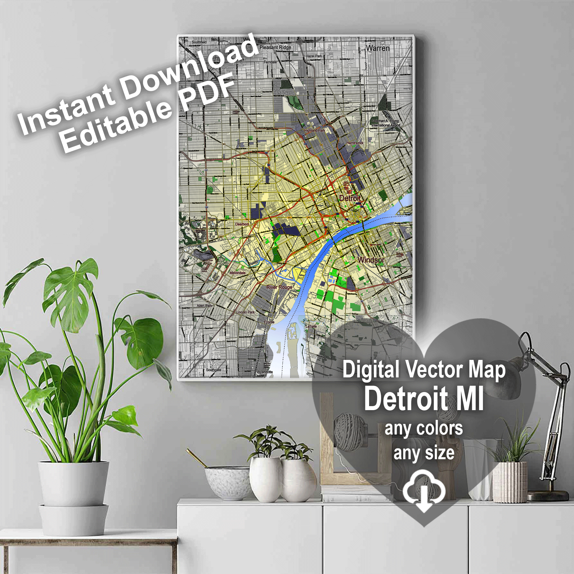 Detroit Michigan US editable layered PDF Vector Map – Maps in Vector ...