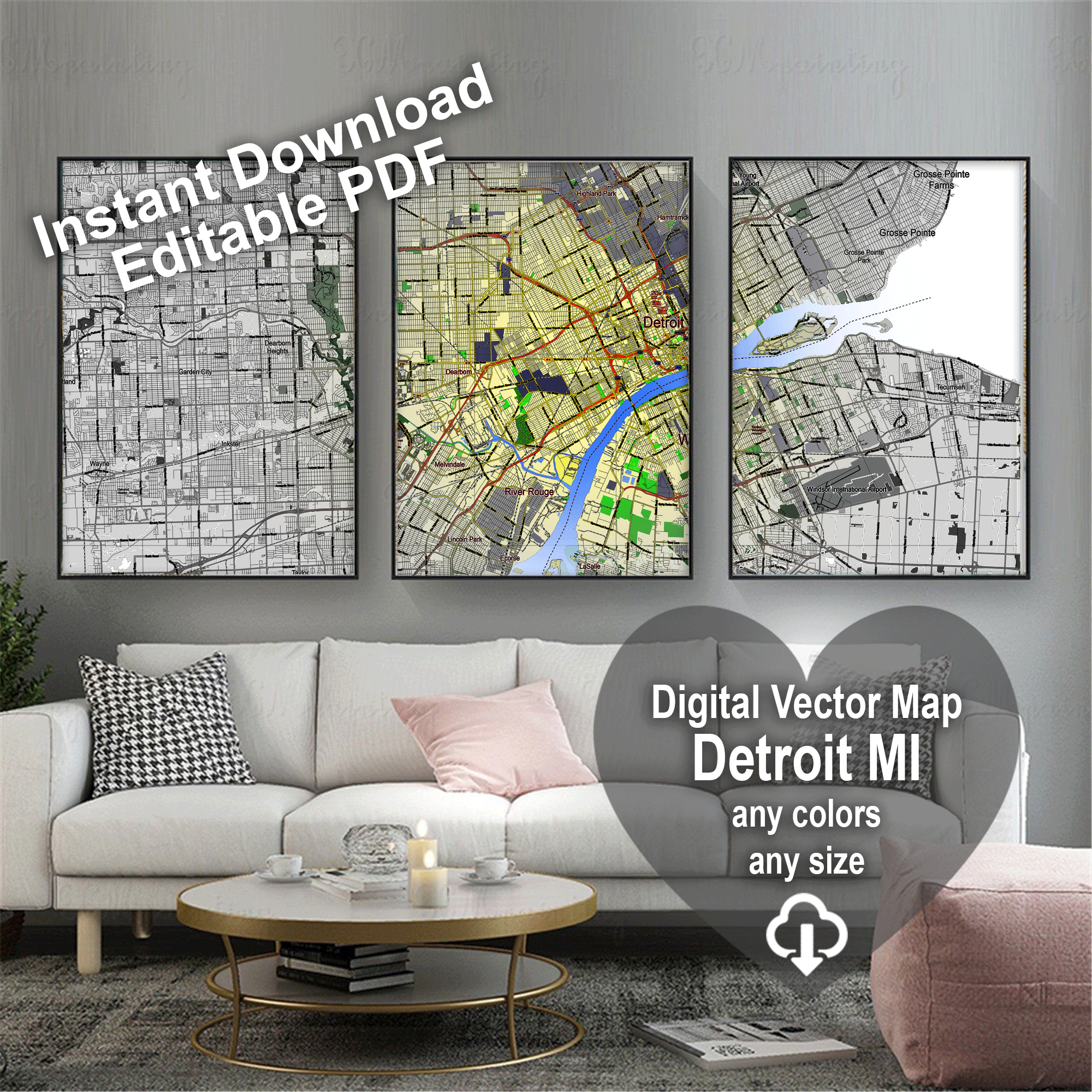 Detroit Michigan US editable layered PDF Vector Map – Maps in Vector ...