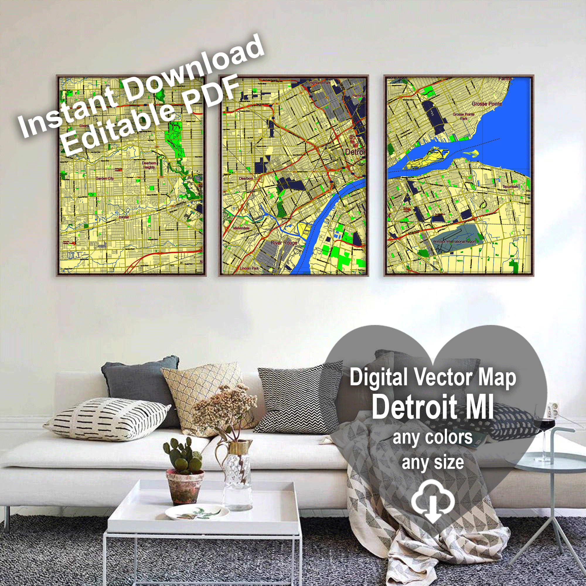 Detroit Michigan US editable layered PDF Vector Map – Maps in Vector ...