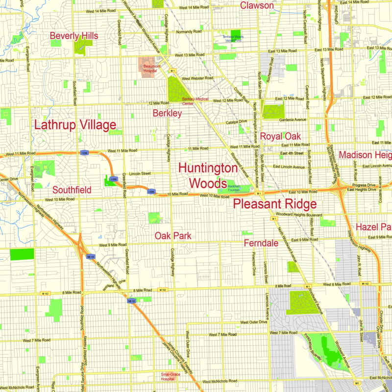 Detroit Michigan US editable layered PDF Vector Map – Maps in Vector ...