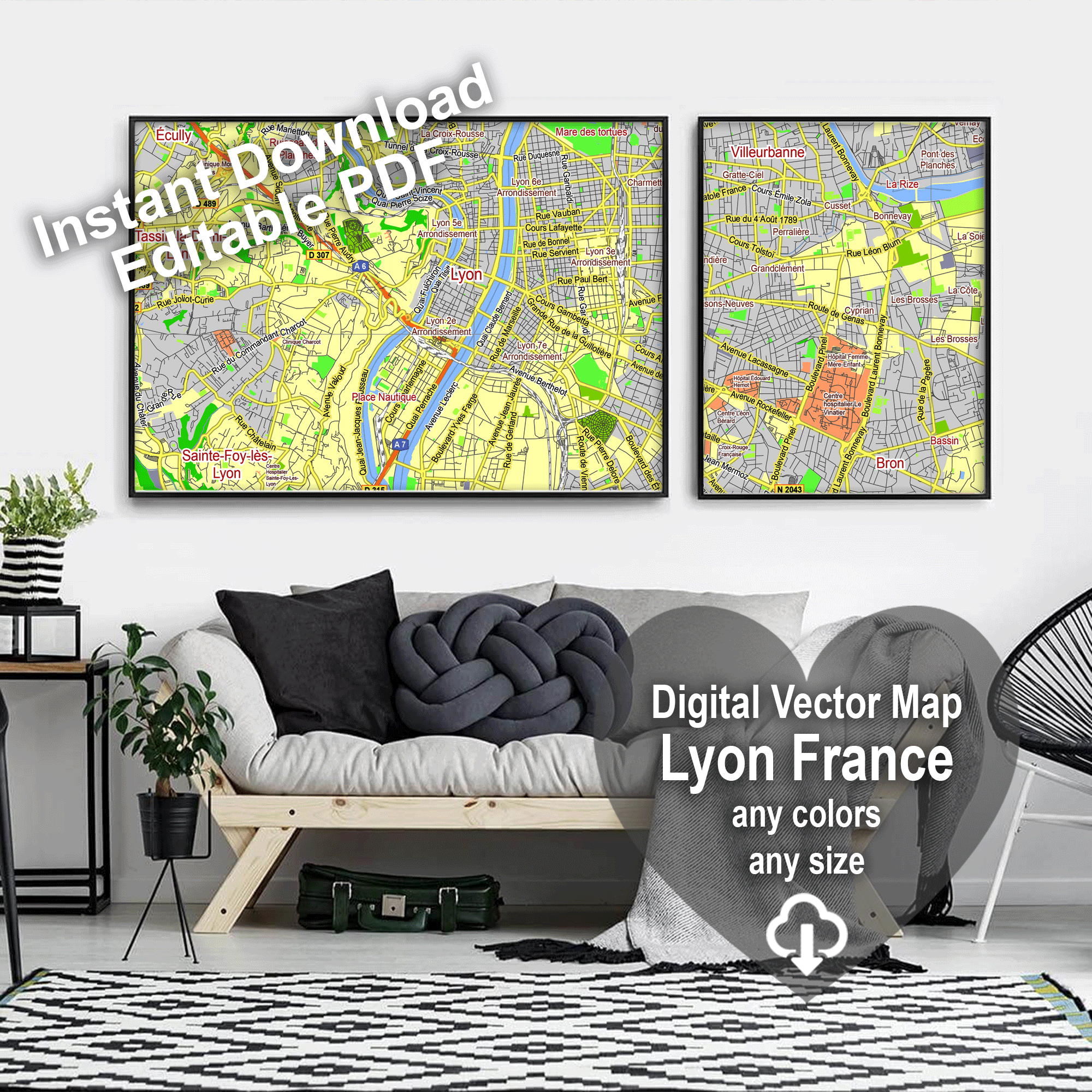 Lyon France editable layered PDF Vector Map – Maps in Vector: Detailed ...