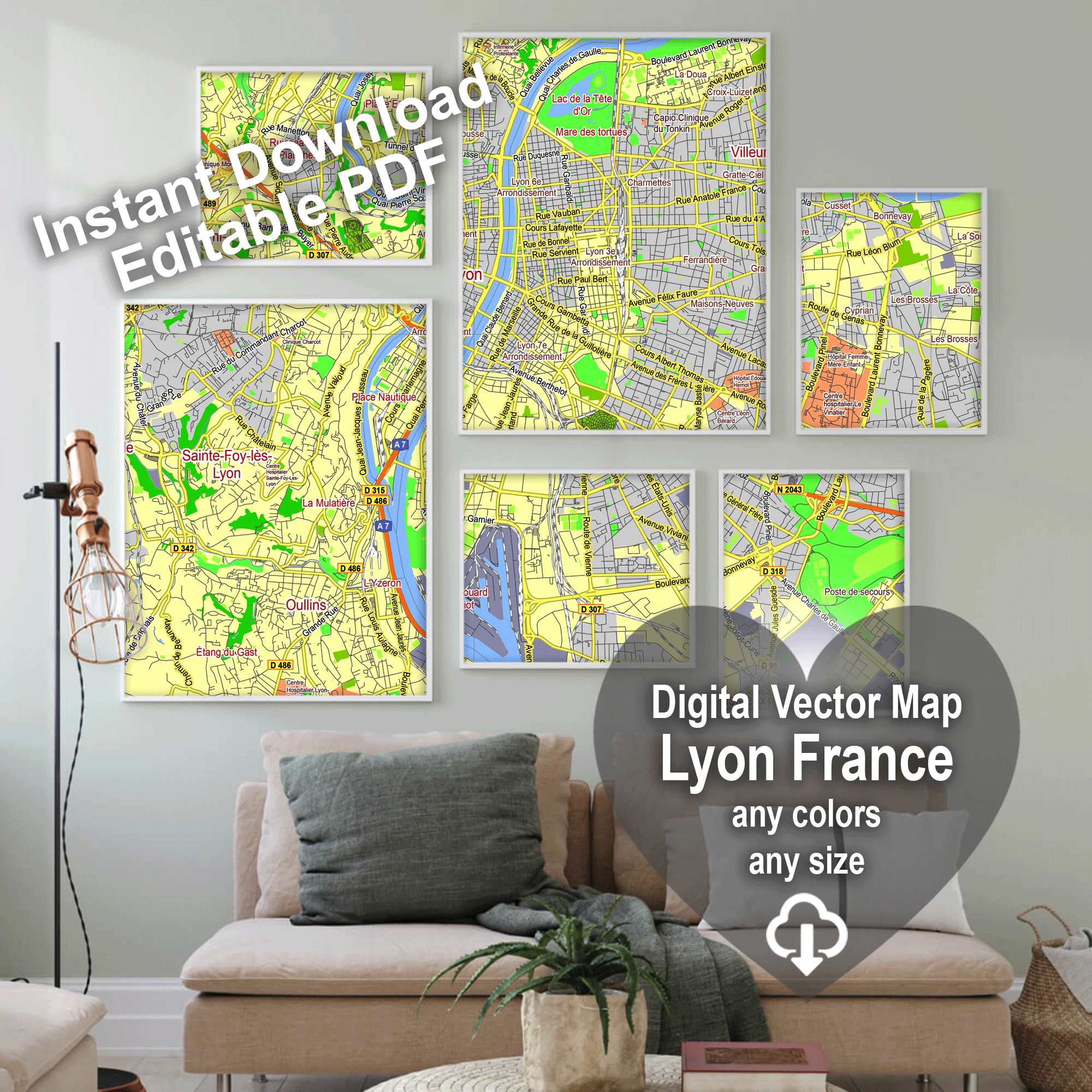 Lyon France editable layered PDF Vector Map – Maps in Vector: Detailed ...
