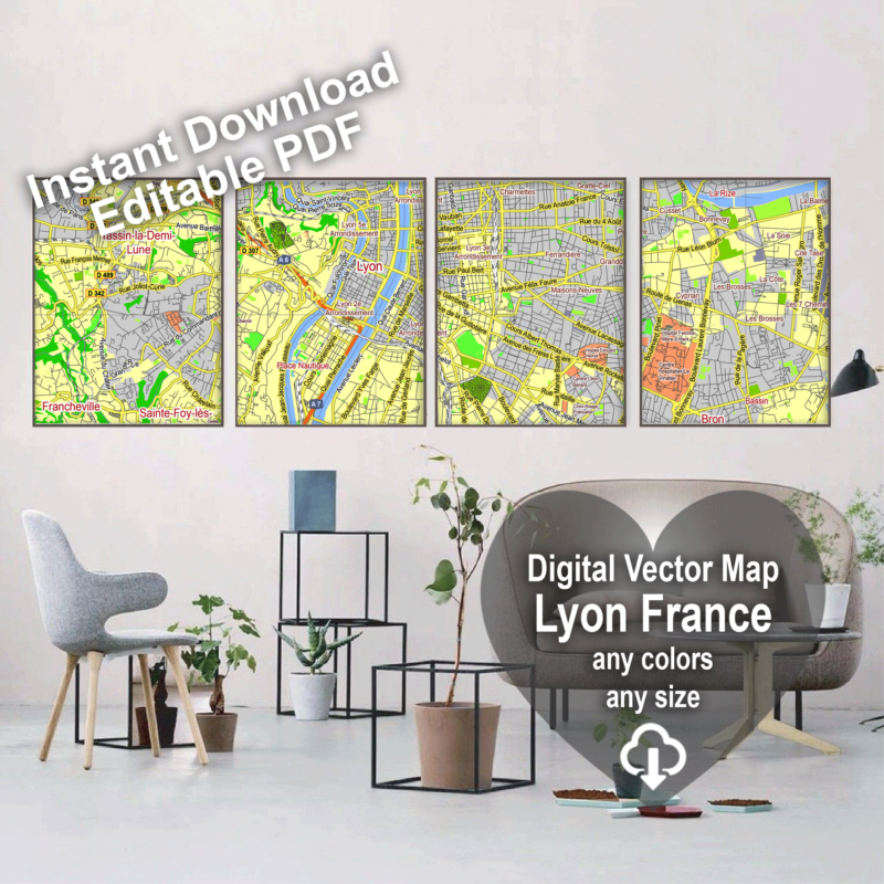 Lyon France editable layered PDF Vector Map – Maps in Vector: Detailed ...