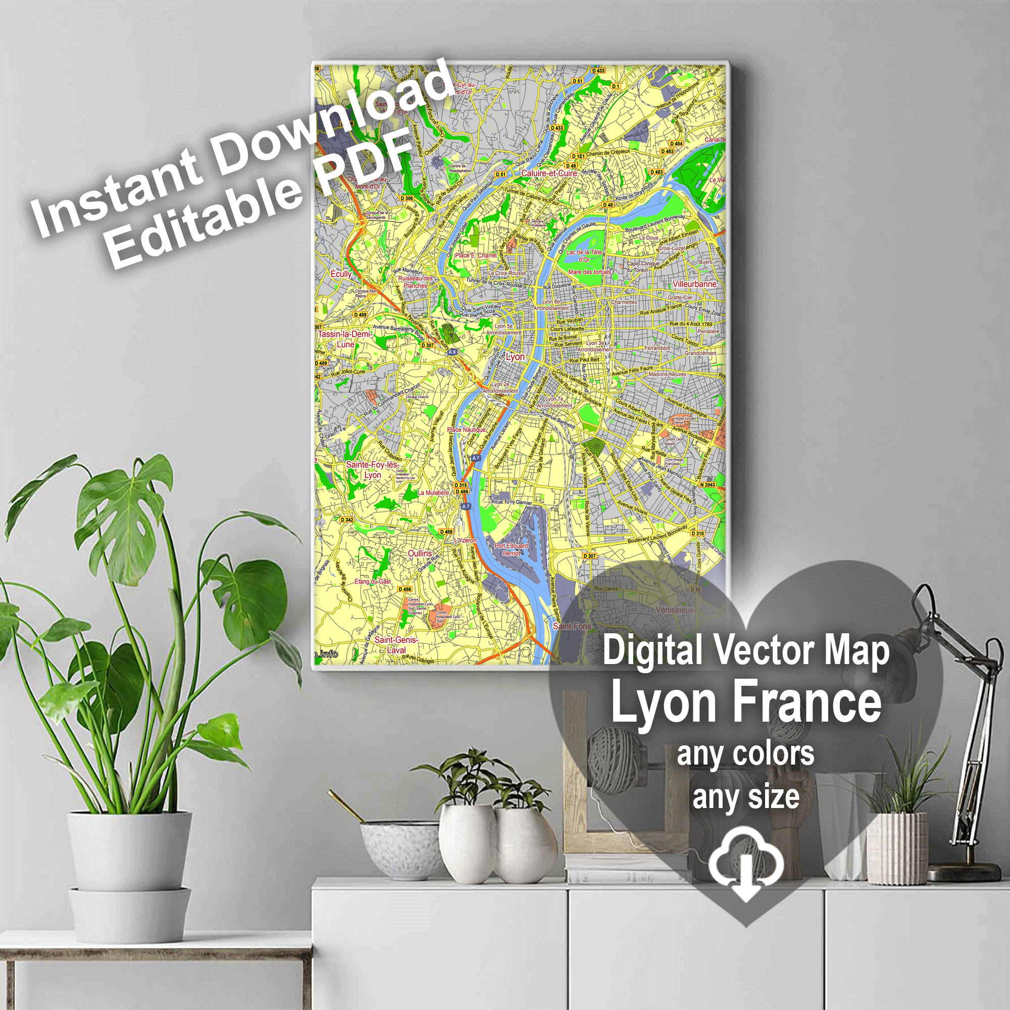 Lyon France editable layered PDF Vector Map – Maps in Vector: Detailed ...