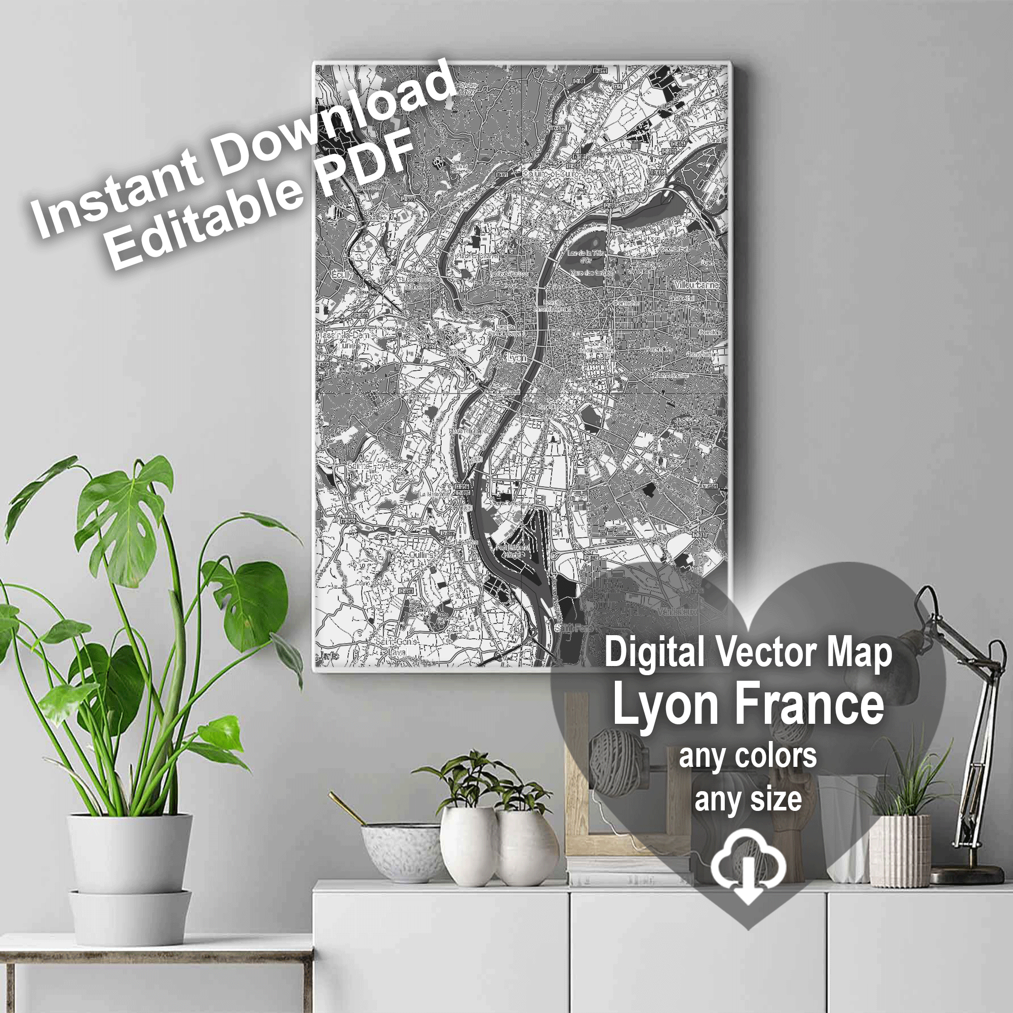 Lyon France editable layered PDF Vector Map – Maps in Vector: Detailed ...