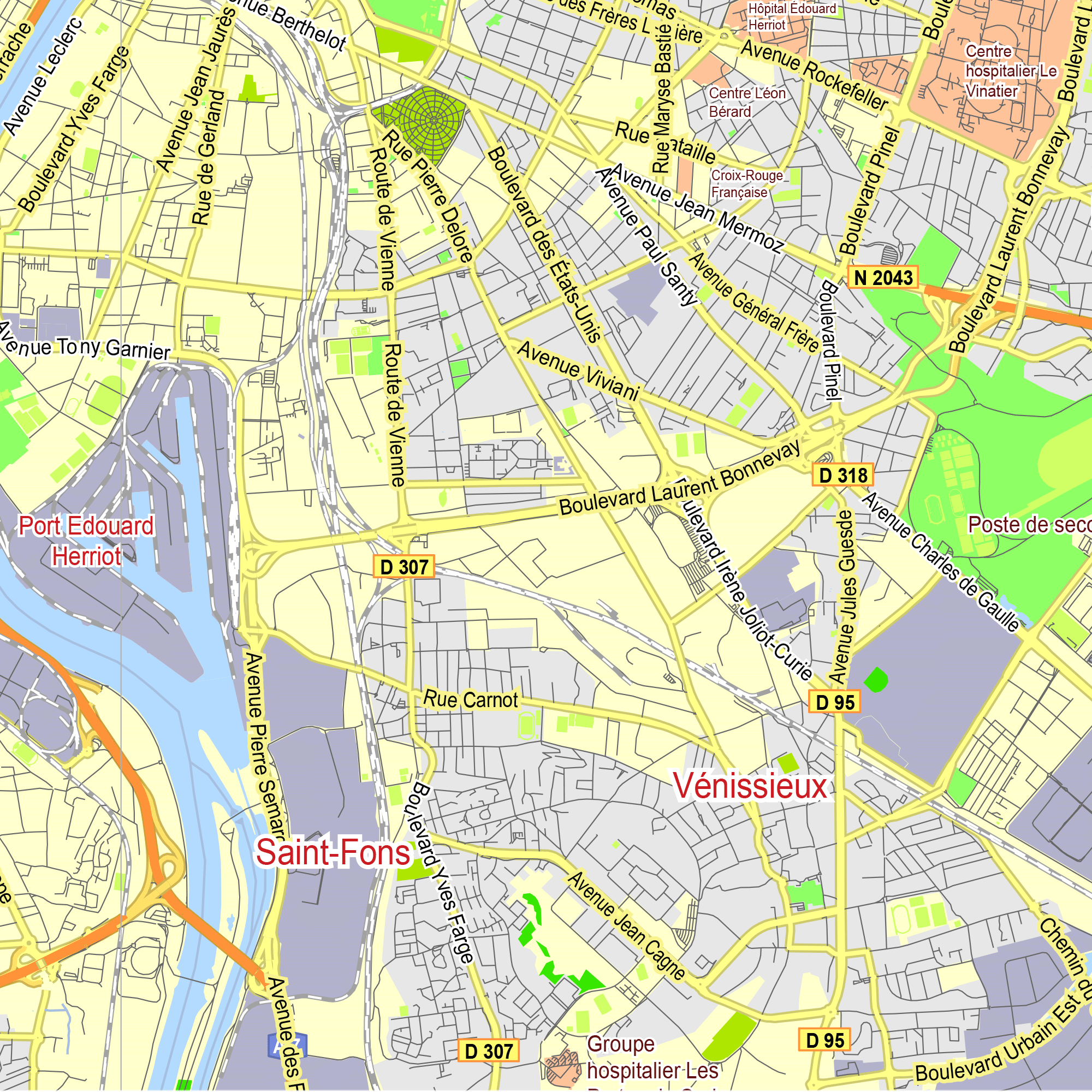 Lyon France editable layered PDF Vector Map – Maps in Vector: Detailed ...