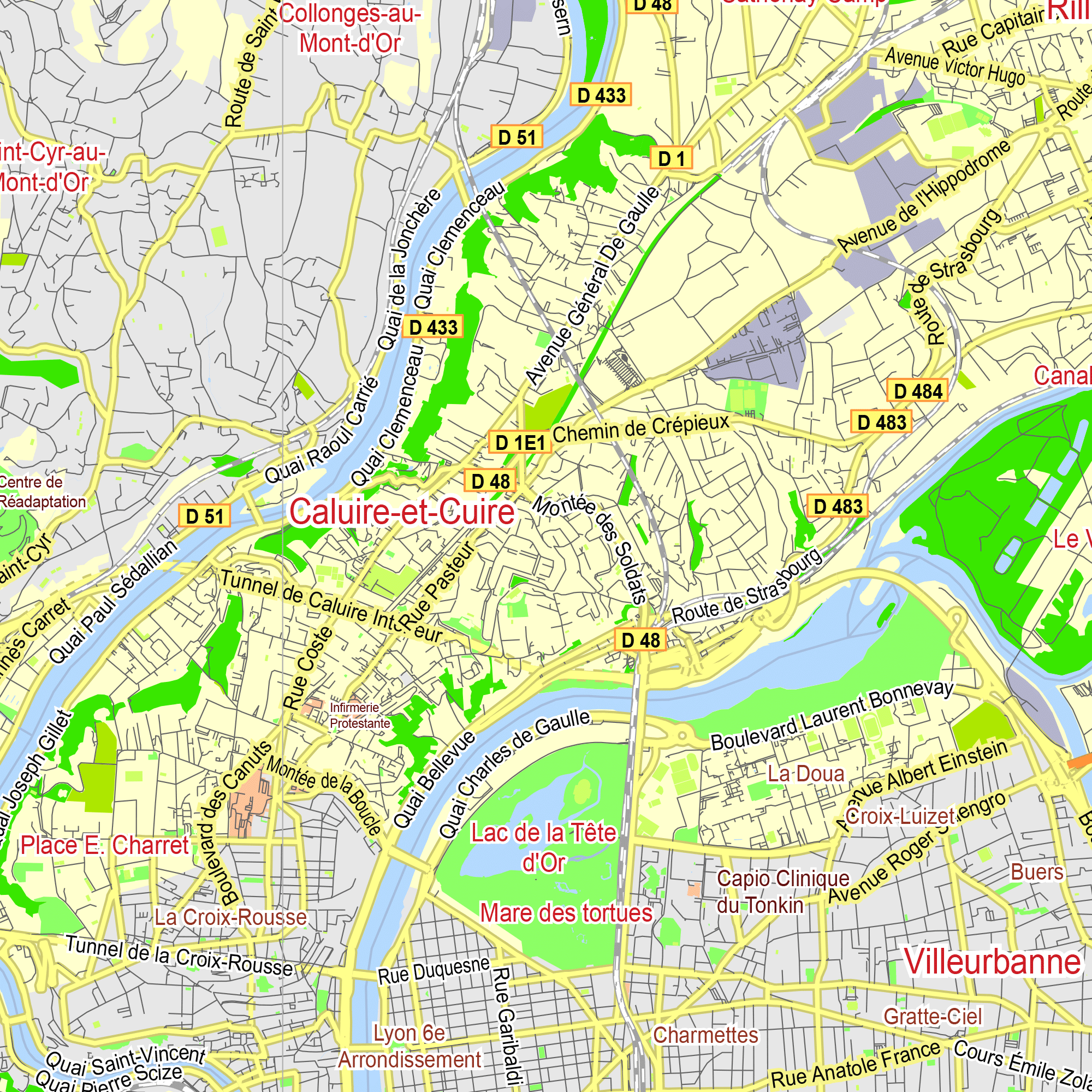 Lyon France editable layered PDF Vector Map – Maps in Vector: Detailed ...