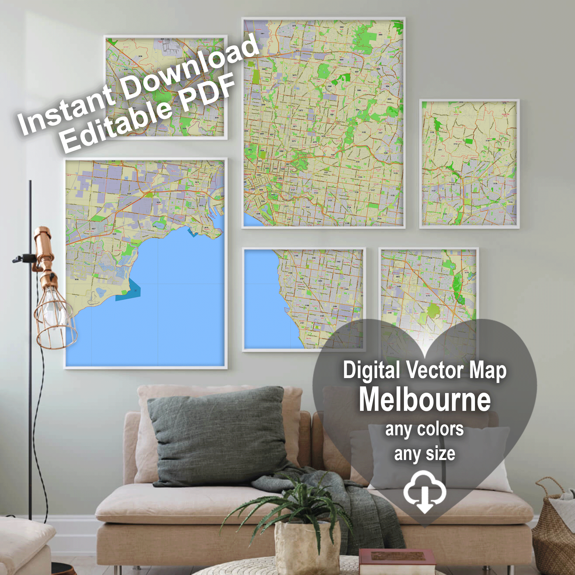 Melbourne Australia editable layered PDF Vector Map Version 33 zipcodes