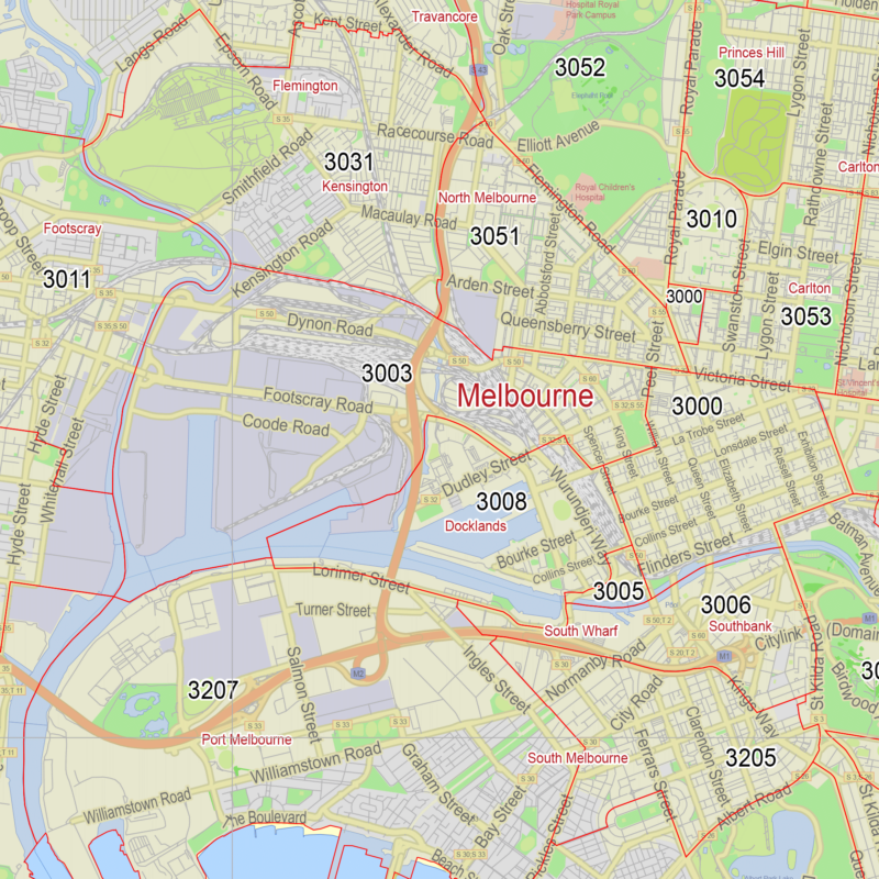 Melbourne Australia editable layered PDF Vector Map Version 33 zipcodes