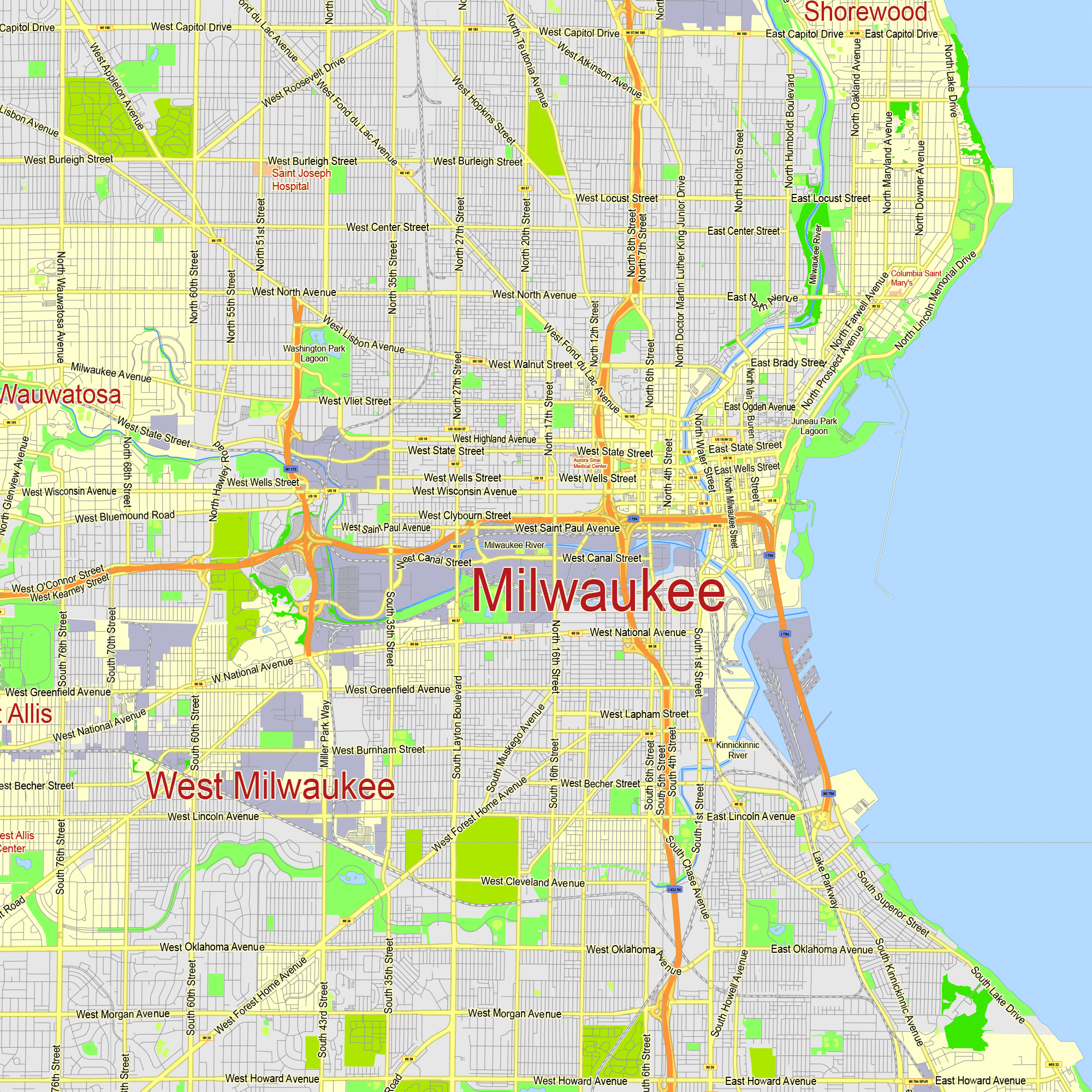 Milwaukee Wisconsin US editable layered PDF Vector Map – Maps in Vector ...